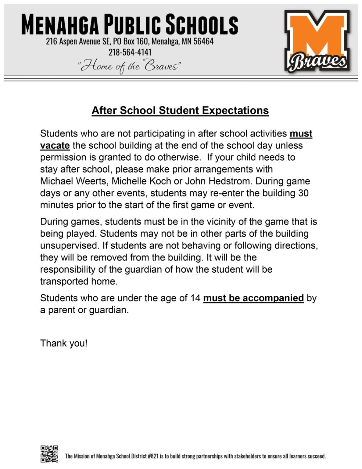 Student After School Expectations | Menahga Public Schools