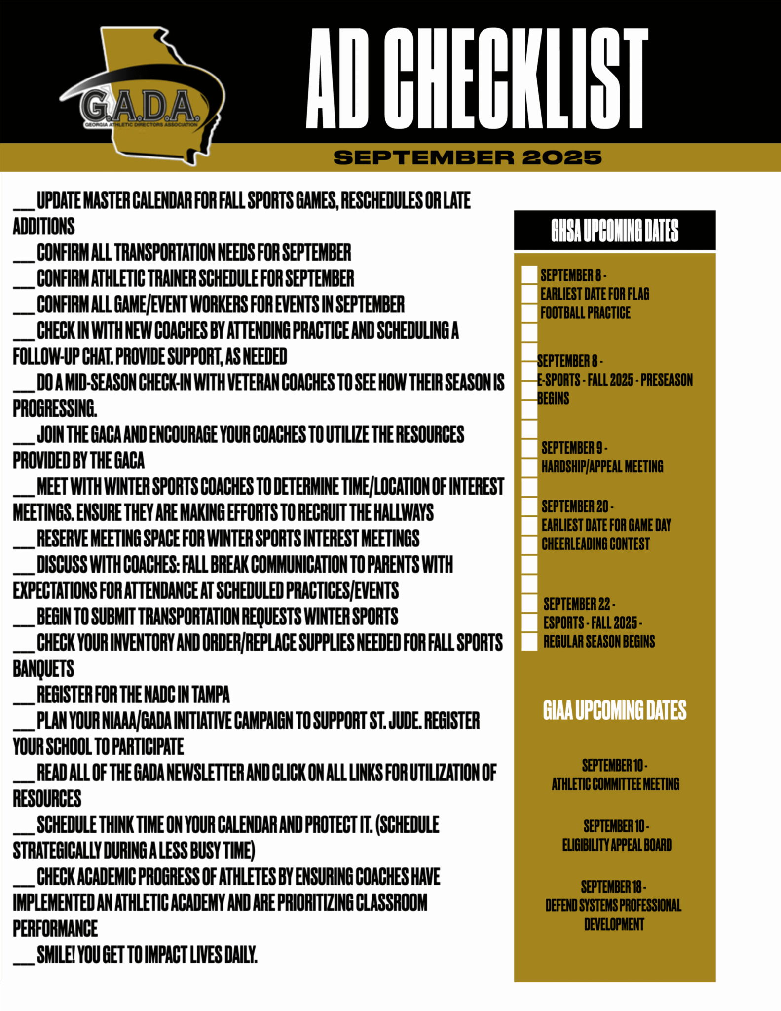 September GADA Athletic Director Checklist | Georgia Athletic Directors ...